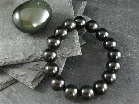 Black Obsidian Genuine Bracelet 7 Inches 12mm Round Beads Etsy