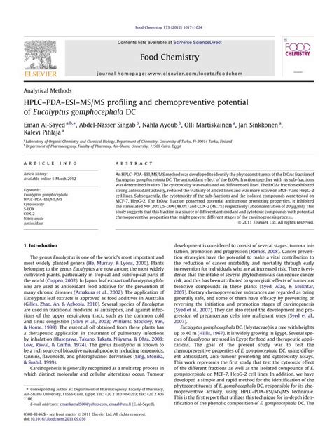 Pdf Hplc Pda Esi Ms Ms Profiling And Chemopreventive Potential Of Eucalyptus Gomphocephala Dc