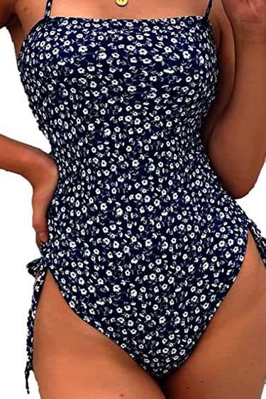 Black And White Shein Womens Floral Print Drawstring One Piece Swimsuit