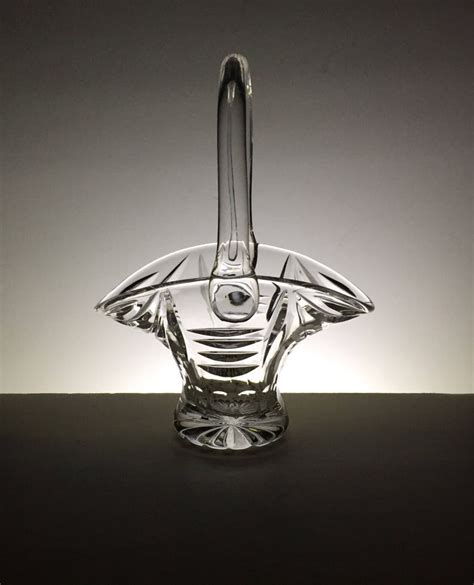 Glass Basket Small Lead Crystal Etched Flowers Applied Handle Cut Glass