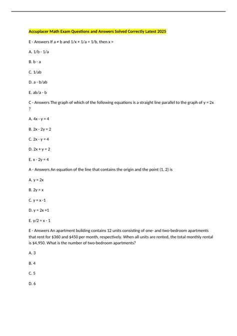 Accuplacer Math Exam Questions And Answers Solved Correctly Latest 2025 Accuplacer Stuvia Us