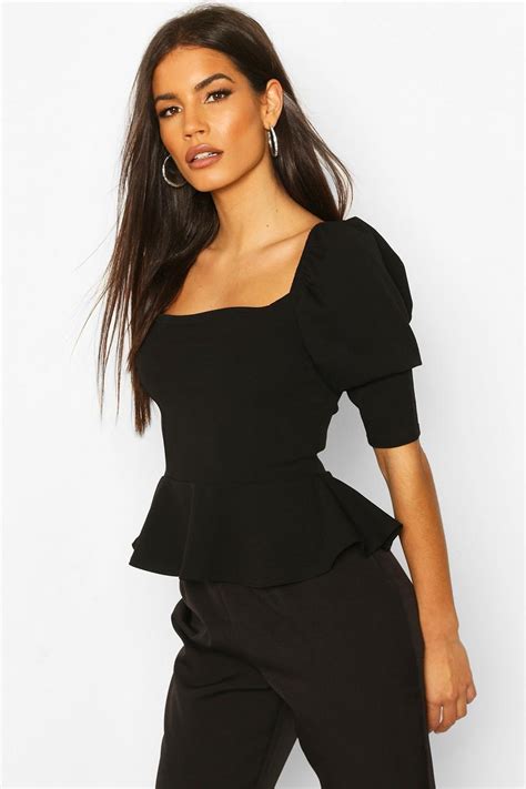 Puff Sleeve Square Neck Peplum Top Boohoo