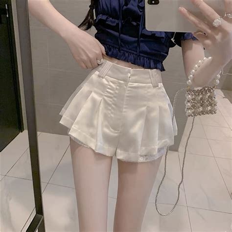 여성용 얇은 화이트 레이스 스커트 반바지 하이 웨이스트 슬림 숏 새틴 팬츠 우아한 봄 한국 신상 Aliexpress