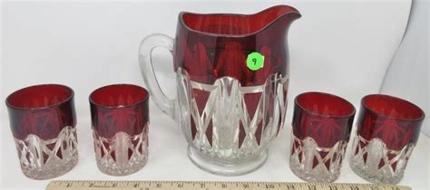 Ruby Red Flash Glass Pitcher And 4 Cups Live And Online Auctions On