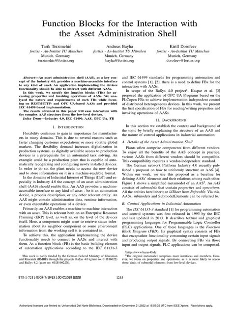 Function Blocks For The Interaction With The Asset Administration Shell Pdf Programmable
