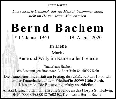 Traueranzeigen Von Bernd Bachem Wirtrauern