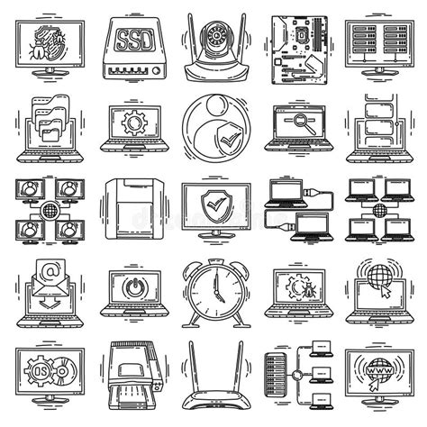 Computer Software And Hardware Set Icon Vector Doodle Hand Drawn Or
