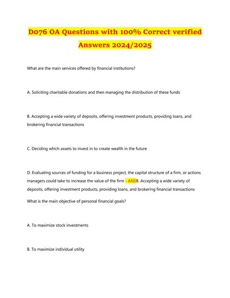 Solution D076 Oa Questions With 100 Correct Verified Answers 2024 2025