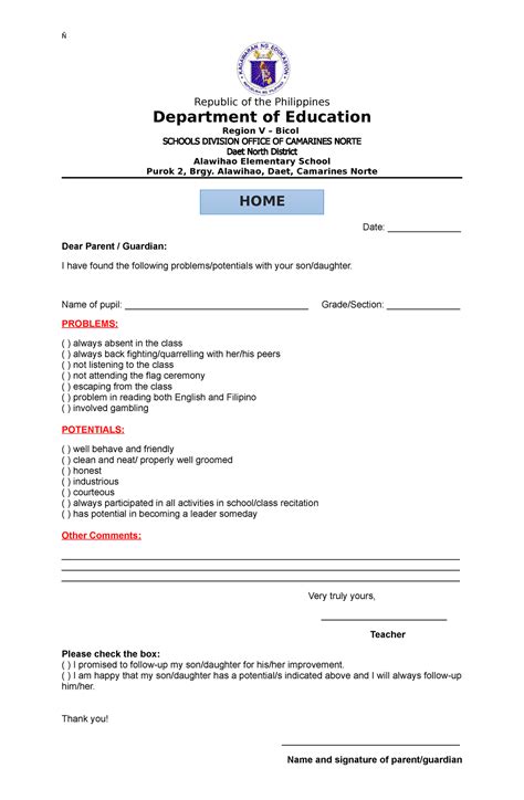 Home Visitaton Form For School Purposes Ň Republic Of The Philippines Department Of