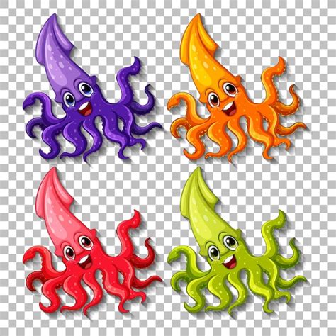 Conjunto De Personagens De Desenhos Animados De Lulas De Cores Diferentes Em Fundo Transparente