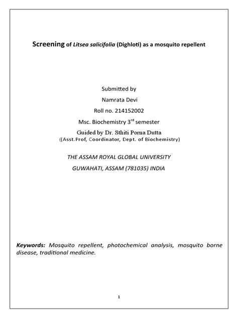 Screening Of Litsea Salicifolia Dighloti As A Mosquito Repellent Pdf Gas Chromatography