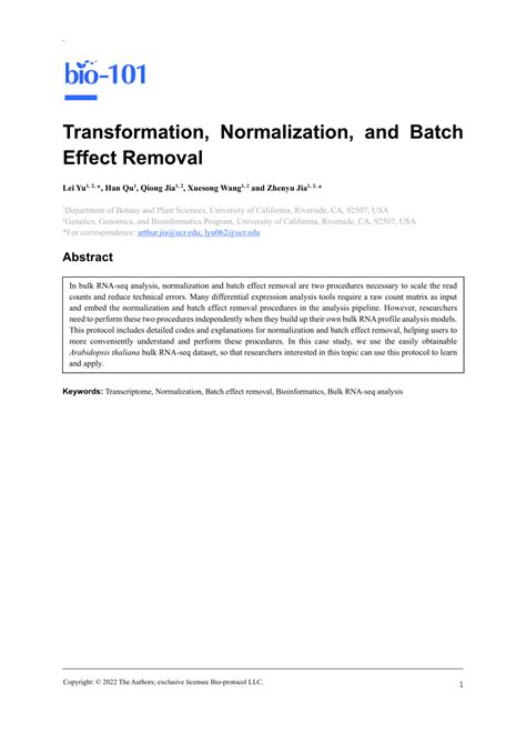 Pdf Transformation Normalization And Batch Effect Removal
