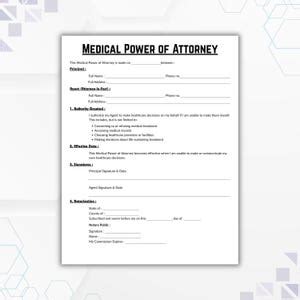 Editable Medical Power Of Attorney Template Single Page Healthcare