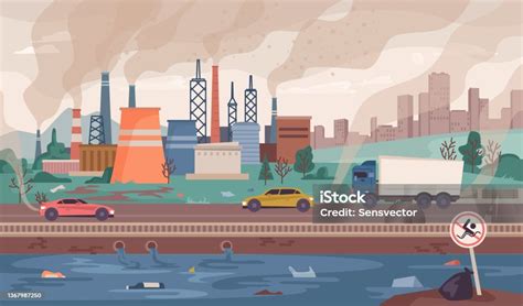 더럽고 오염된 도시 건강에 해롭고 유해한 환경 공장과 파이프에서 연기와 스모그 시내의 벡터 장면 물 낭비와 아무 수영 에