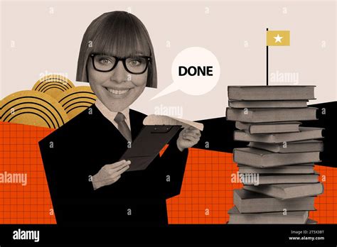Picture Image Collage Of Happy Woman Chief Done Work Red Pile Stack