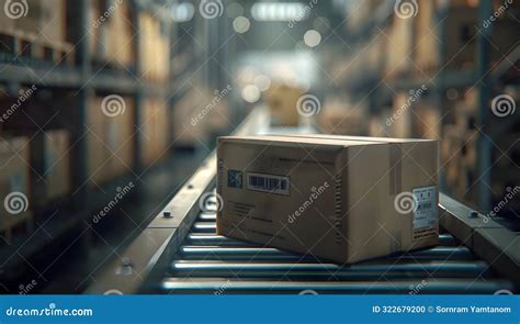 A Cardboard Box Moves Along A Conveyor Belt In A Warehouse Representing