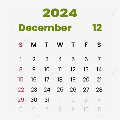 2024년 12월 달력 표시 심플 스타일 벡터 2024년 달력 간단한 달력 투명한 달력 Png 일러스트 및 벡터 에 대한 무료 다운로드 Pngtree