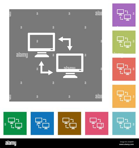 Data Syncronization Flat Icons On Simple Color Square Backgrounds Stock