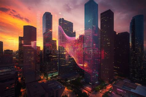 City Skyline At Sunset Overlaid With Financial Graphs And Charts