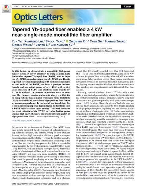 PDF Tapered Yb Doped Fiber Enabled A 4 KW Near Single Mode Monolithic