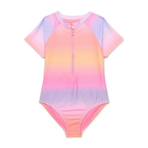 Wonder Nation Girls Short Sleeve Zip Up Rash Guard One Piece Swimsuit