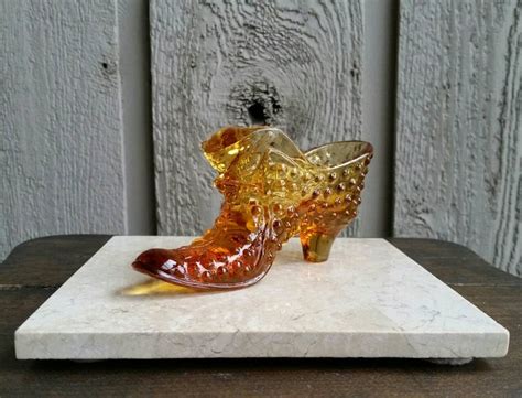 Vintage Fenton Glass Hobnail Slipper Amber Yellow Glass Shoe With Cat