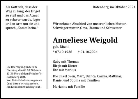 Traueranzeigen Von Anneliese Weigold Schwarzwälder Bote Trauer