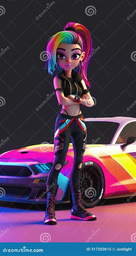 Cartoon Digital Avatars Of Drift Diva Posing In Front Of A Drifting Car With A Fierce Expression