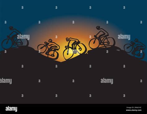 Mountain Bikersm Trip Sunset Illustration Of Mtb Bikers On The Hills