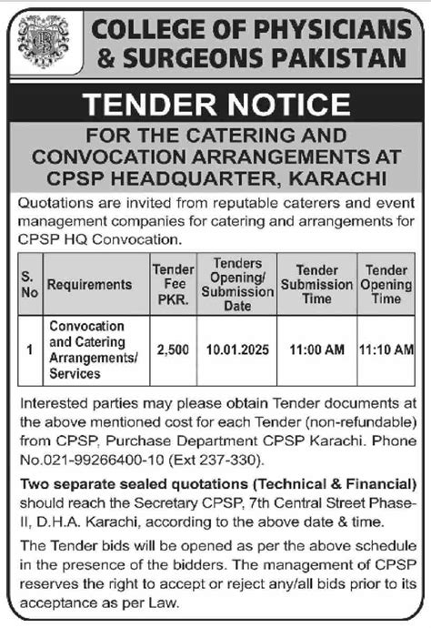 Tender For The Catering And Convocation At Cpsp Headquarter Karachi 2025