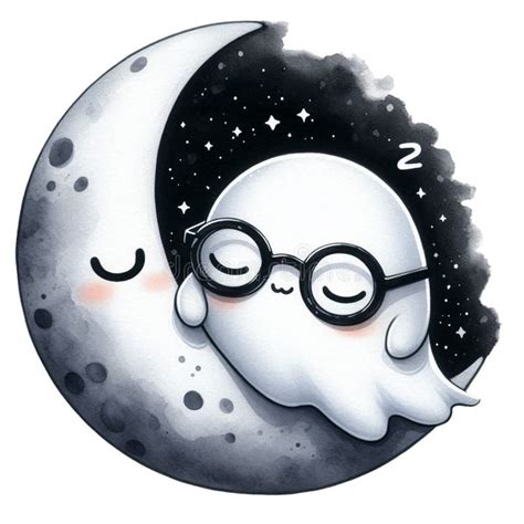 A Cute Ghost Sleeping On A Crescent Moon Clipart Watercolor Stock Illustration Illustration Of