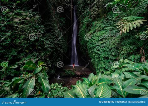 Young Female Tourism Enjoying The Leke Leke Waterfall At Bali