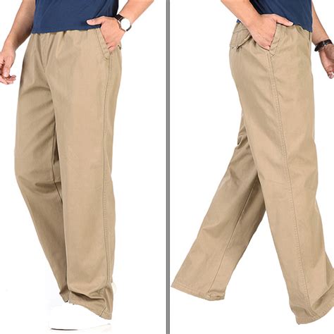 Qiggri Mens Solid Pure Cotton Elastic Waist Straight Barrel Trousers