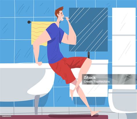 거울 앞에서 욕조 가장자리에 앉아 있는 남자 그의 이빨을 닦고 매일 일상 욕실 만화 벡터 일러스트레이션의 위생 절차 가구에 대한