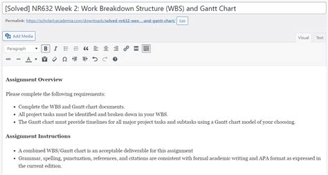 Solved Nr Week Work Breakdown Structure Wbs And Gantt Chart