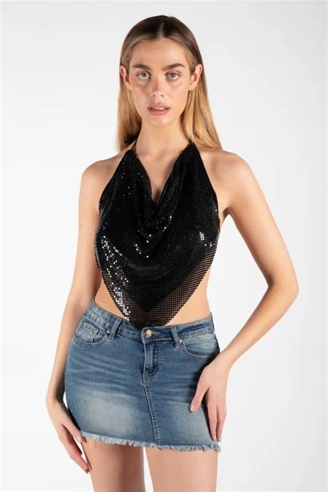 Black Chainmail Halter Neck Top Justyouroutfit