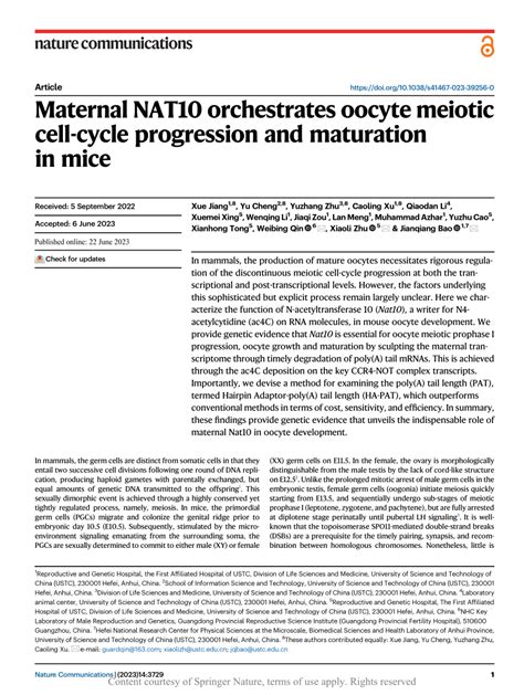 Pdf Maternal Nat10 Orchestrates Oocyte Meiotic Cell Cycle Progression