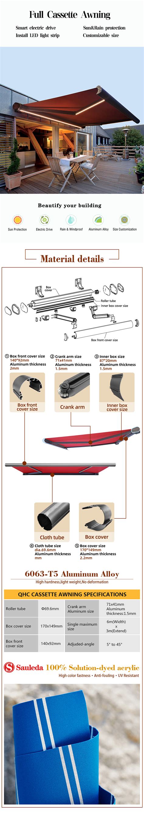 Aluminum Full Cassette Retractable Awnings For Home Sunshade High