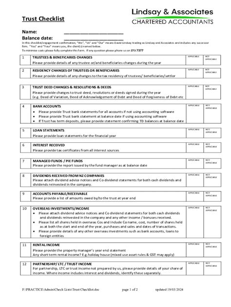 Fillable Online 2024 Trust Checklist For Accounting Services Fax Email