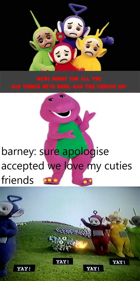 Barney Accepts Teletubbiess Apology By Diegolopez20 On Deviantart
