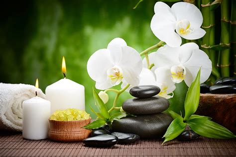 Hd Wallpaper Two White Candles Stones Aromatherapy Spa Water