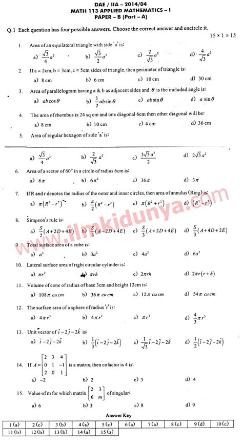 Dae Iia 2014 Past Papers Civil 1st Year Applied Mathematics Part A Paper B