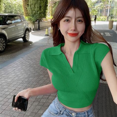 Mua Áo len mỏng xương cá cộc tay dáng ôm croptop Áo kiểu cổ bẻ len co