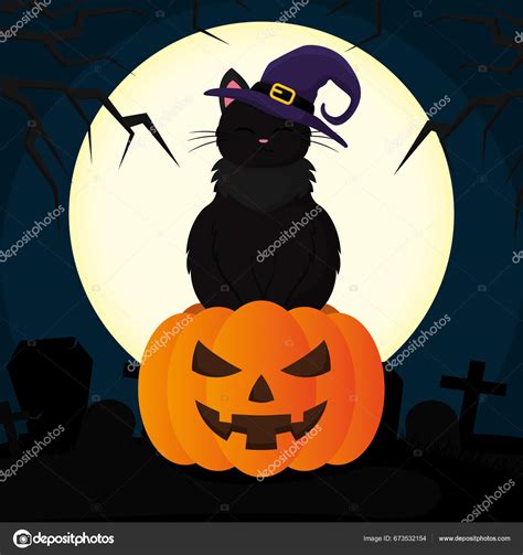 Black Cat Witch Hat Moonset Pumpkin Halloween Vector Illustration Stock