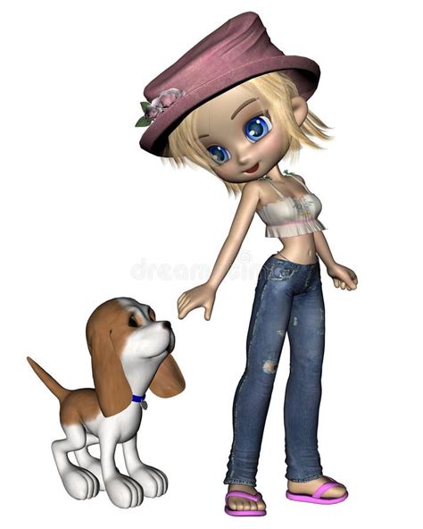 Menina Bonito De Toon E Filhote De Cachorro 1 Ilustração Stock