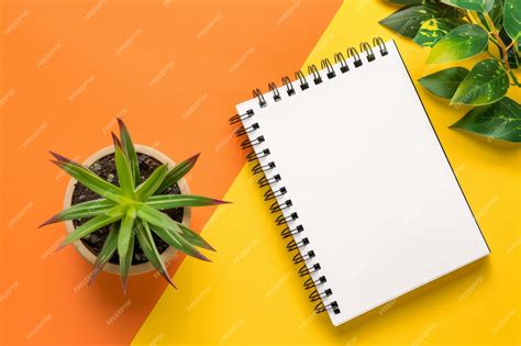 Premium Photo Blank White Spiral Notebook On A Bright Orange And Yellow Background With Green