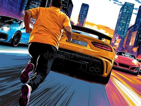 Dynamic Scene Of Runner Chasing Luxury Sports Cars In Vibrant Cityscape