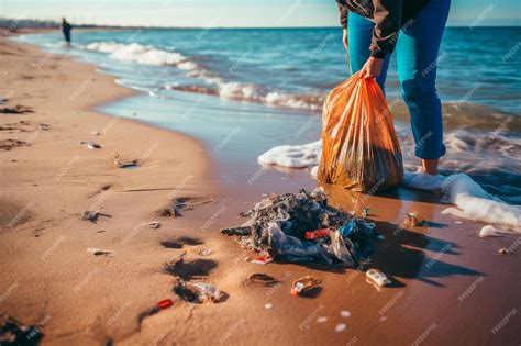 premium ai image man collect garbage in garbage bag on ocean shore