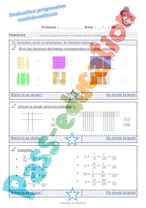 Connaître écrire Et Décomposer Les Fractions Décimales Au Cm2 Evaluation Progressive Cycle