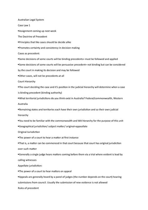 Australian Legal System Lecture Notes Australian Legal System Case